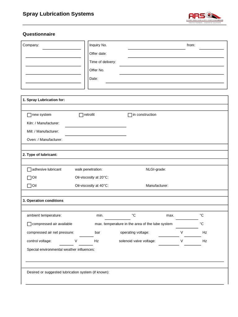 Spray Lubrication Systems Questionnaire | PDF | Pump | Pneumatics