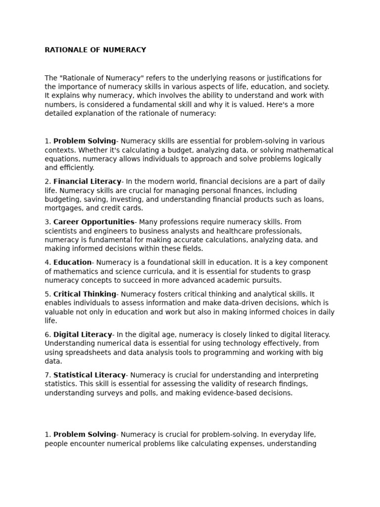 RATIONALE OF NUMERACY | PDF | Data Analysis | Critical Thinking