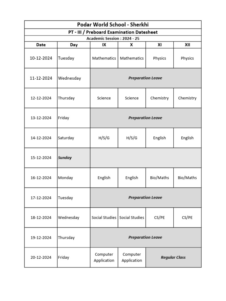 Podar School Preboard Exam Schedule 2024 | PDF