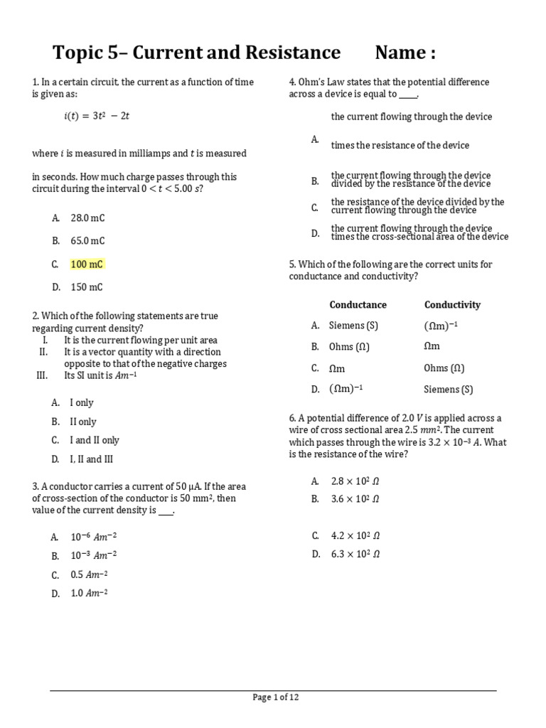 Topic - Current and Resistance | PDF | Electric Current | Electricity
