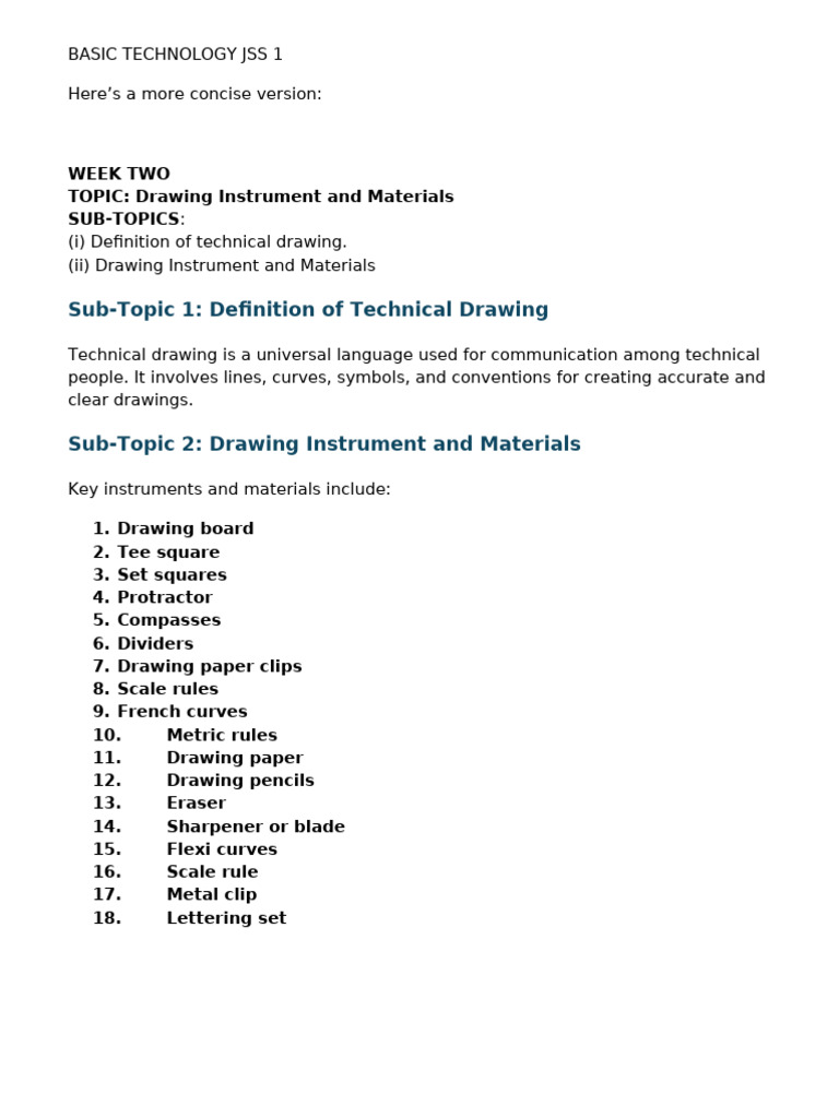Basic Technology Lesson Note JSS 1 | PDF | Drawing | Technical Drawing
