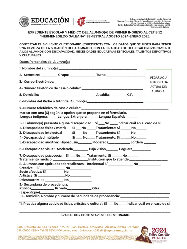 CETIS_052-EXPEDIENTE ESCOLAR 2024-1(PRIMER INGRESO) | PDF | Invalidez