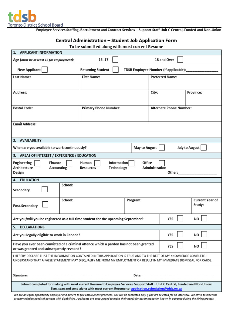 Student Job Application Form Central Administration Fillable | PDF ...