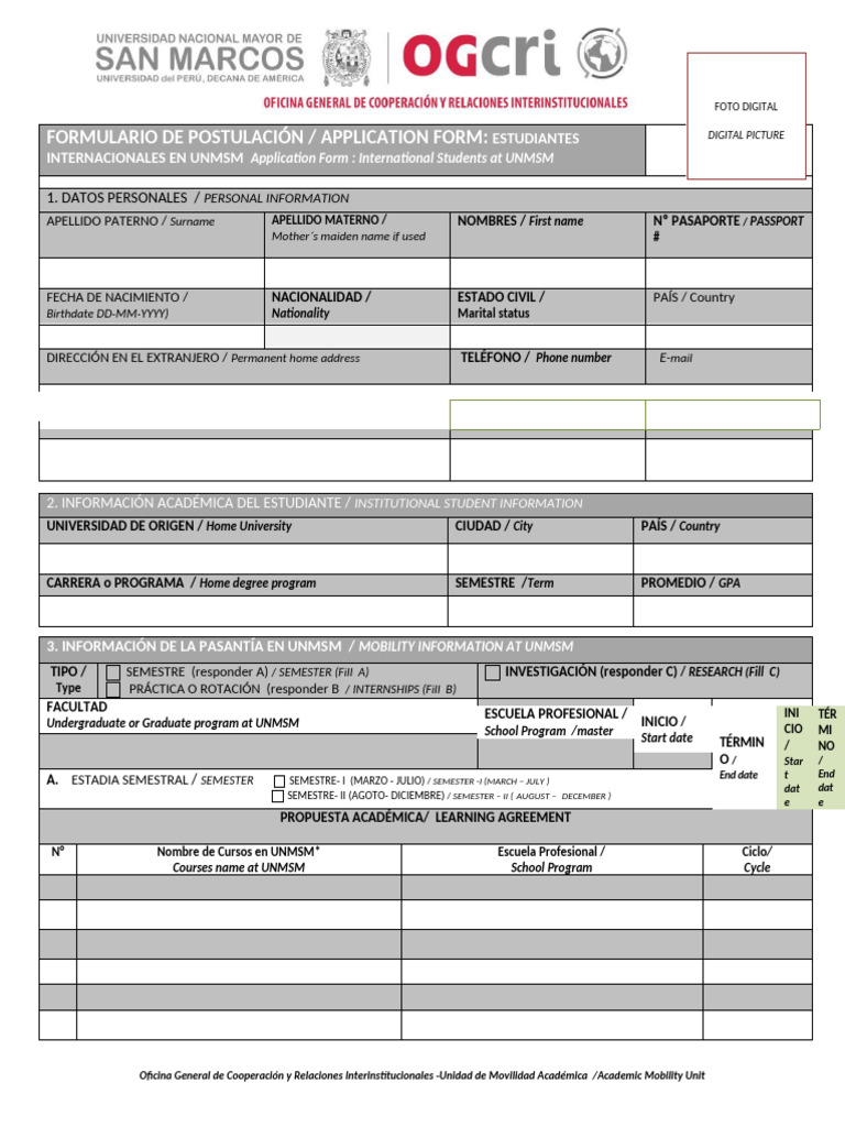 Formato de Aplicación - Application Form Unmsm | PDF