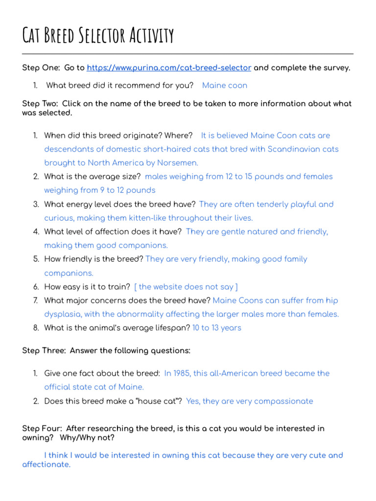 Colbie Park - Cat Breed Selector Worksheet | PDF