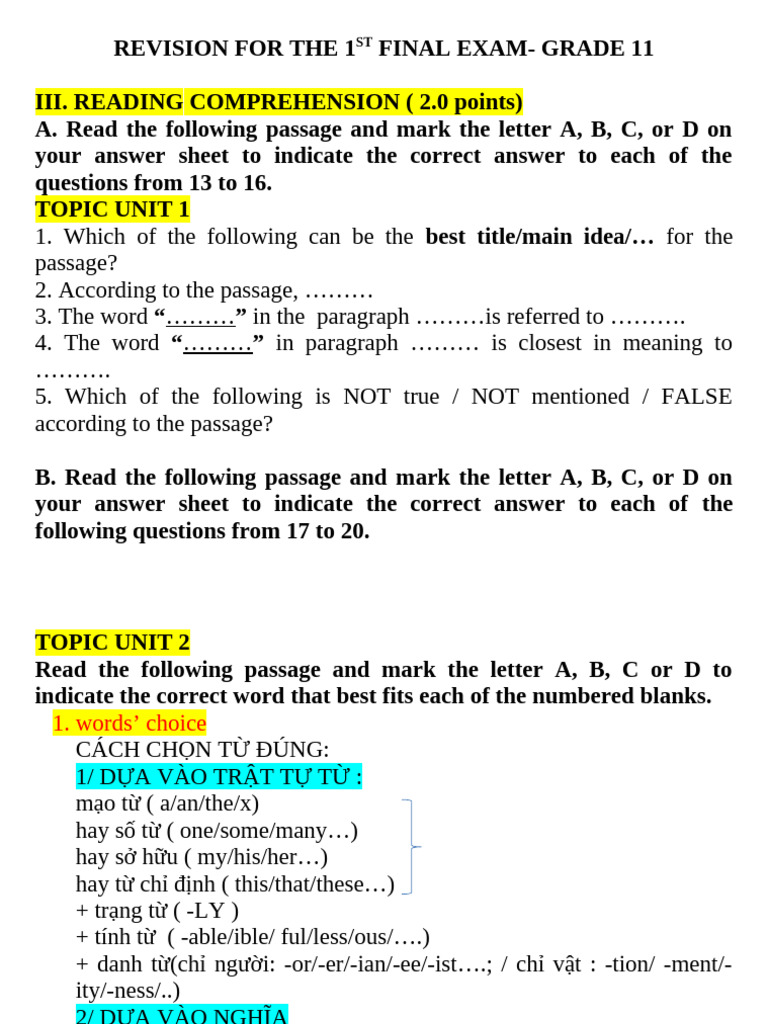 REVISION FOR THE 1ST FINAL EXAM -k11-GUI 11A2-4-7 - tự luận ( kèm giải thích) | PDF