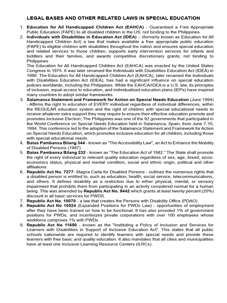 Legal Bases and Other Related Laws in Special Education | PDF | Special ...