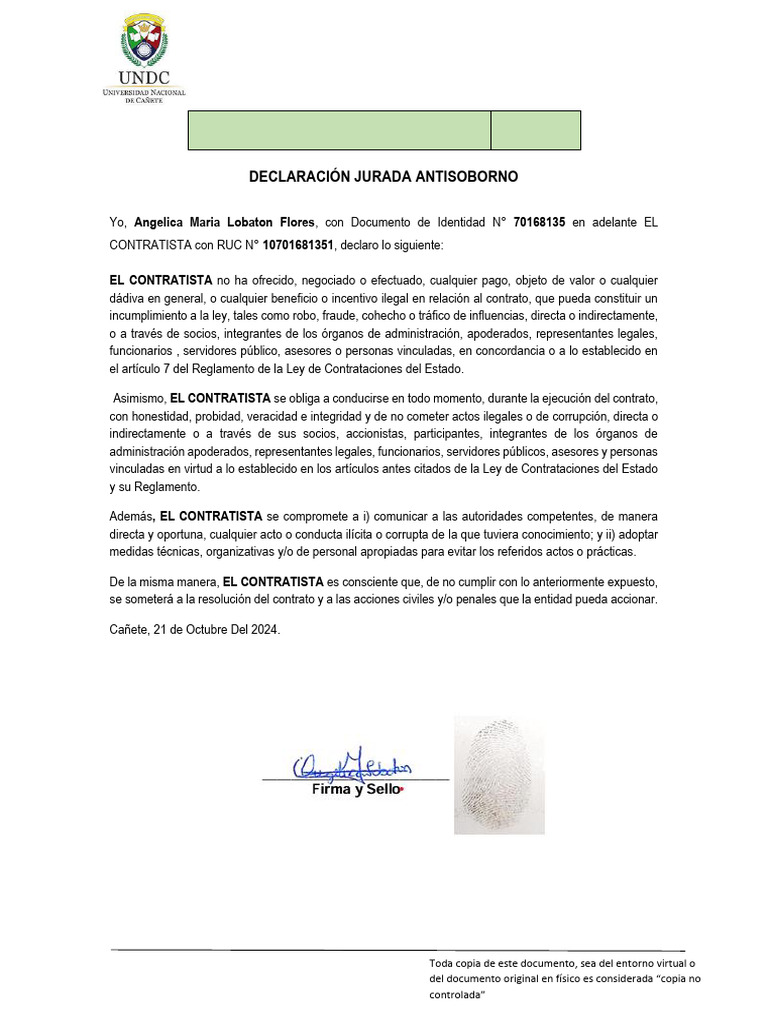 F-A04.02-Ab-011 DDJJ de Antisoborno - Contratistas | PDF | Soborno ...