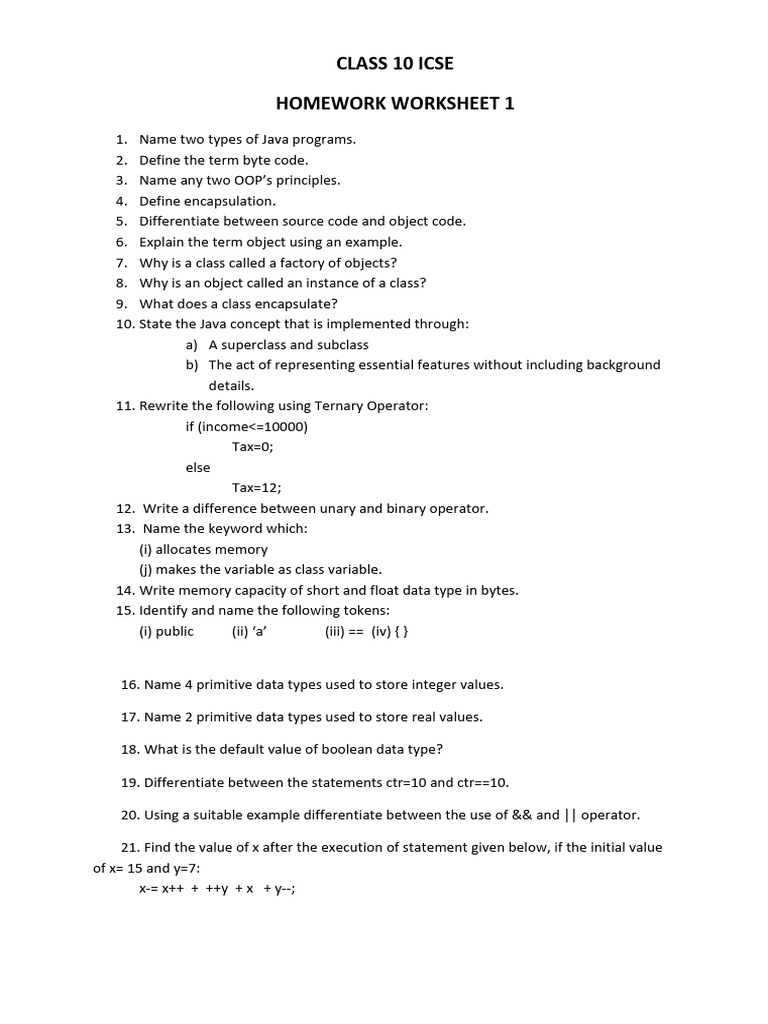 10 ICSE Homework Worksheet - 1 | PDF
