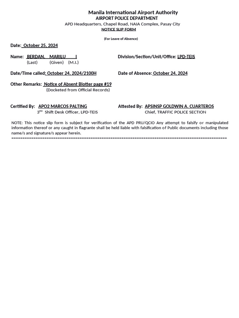 Leave of Absence Notice Form - APD | PDF