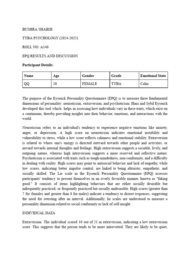 EPQ REPORT | PDF | Extraversion And Introversion | Standard Score