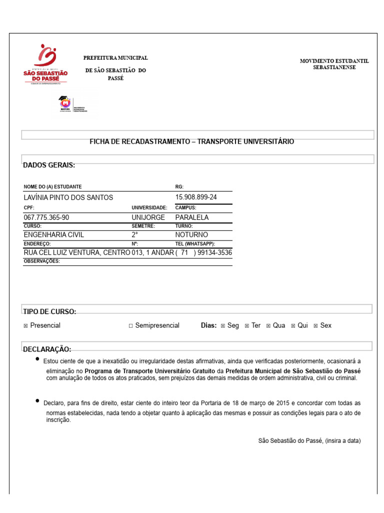 Ficha de Recadastramento Transporte Universitário | PDF