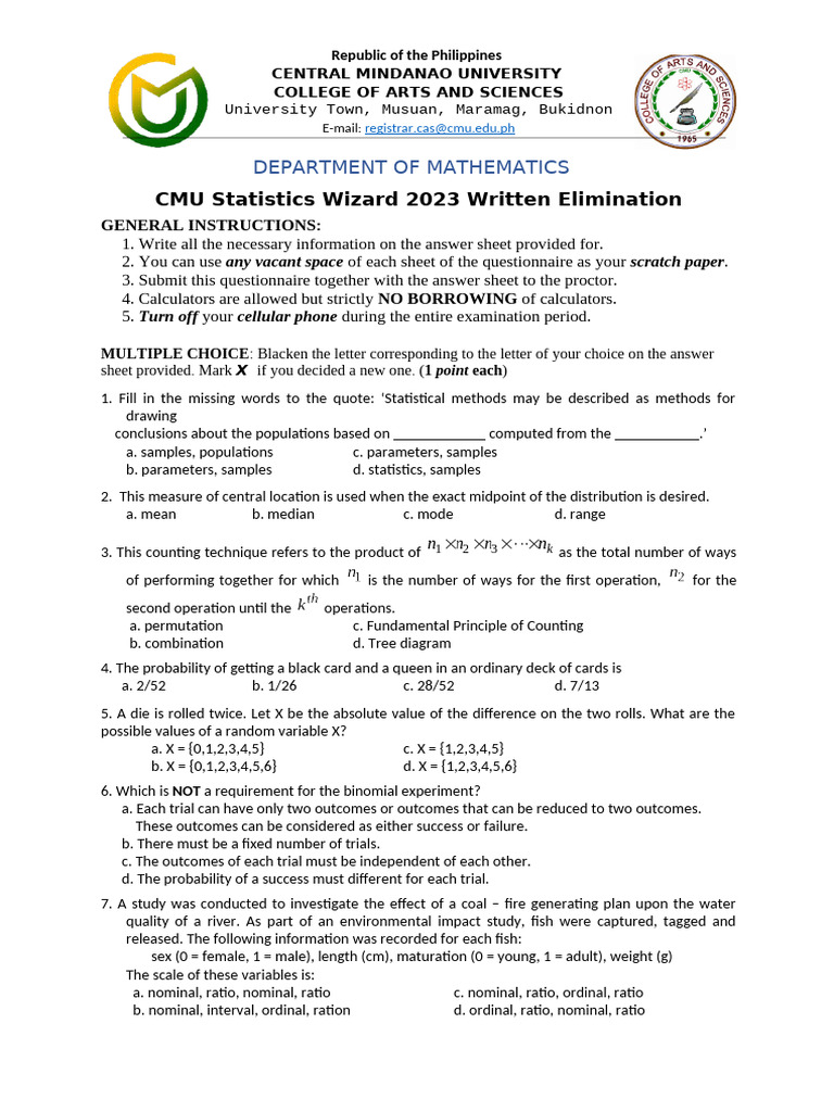 CMU Statistics Wizard 2023 Exam Guide | PDF | Confidence Interval | P Value