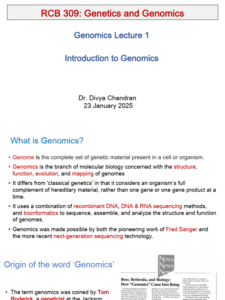 RCB 309 - Lecture 1 - 23 Jan 2025 | PDF | Genomics | Health Sciences