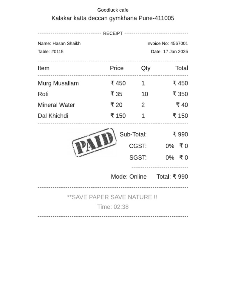 Restaurant Bill - 17012025 | PDF