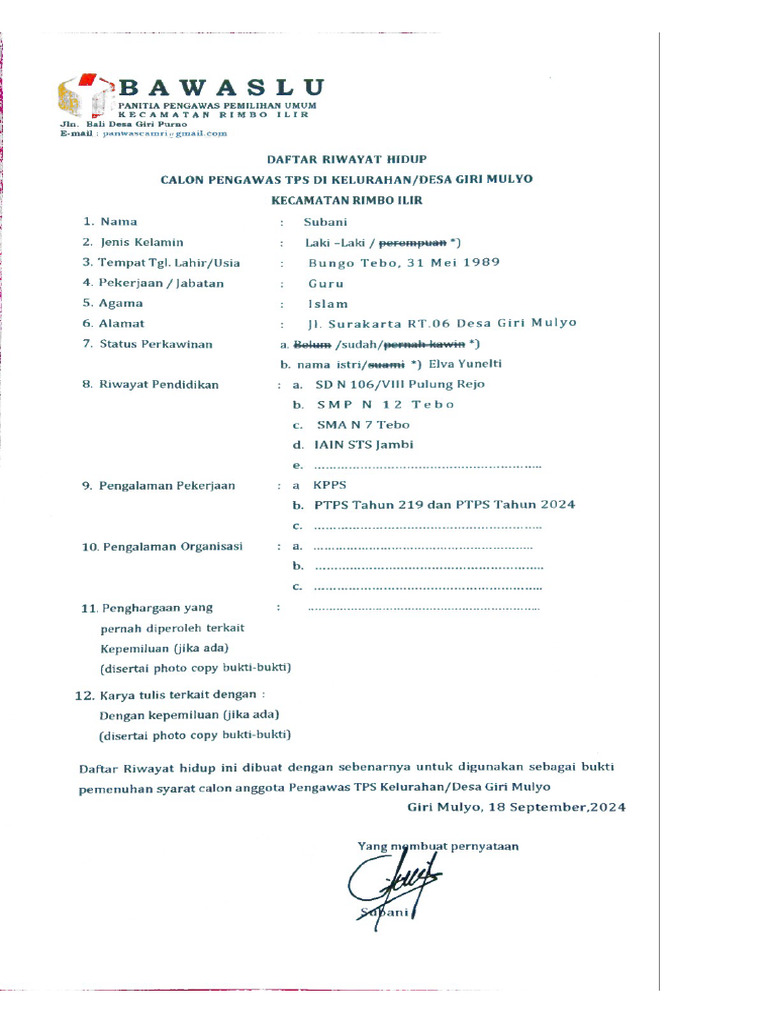 Subani, Giri Mulyo Daftar Riwayat Hidup | PDF
