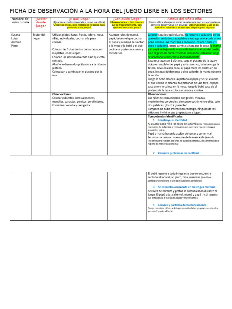 Ficha de Observación A La Hora Del Juego Libre en Los Sectores 27.07 | PDF