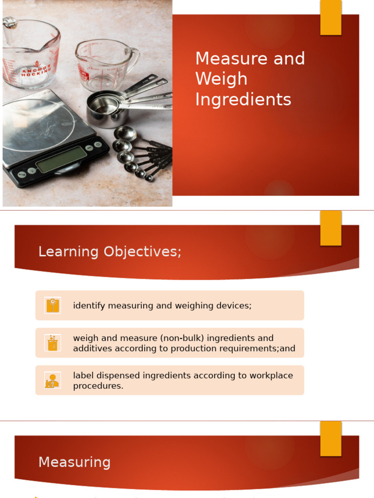 Measuring and Weighing Ingredients Guide | PDF | Volume | Measurement