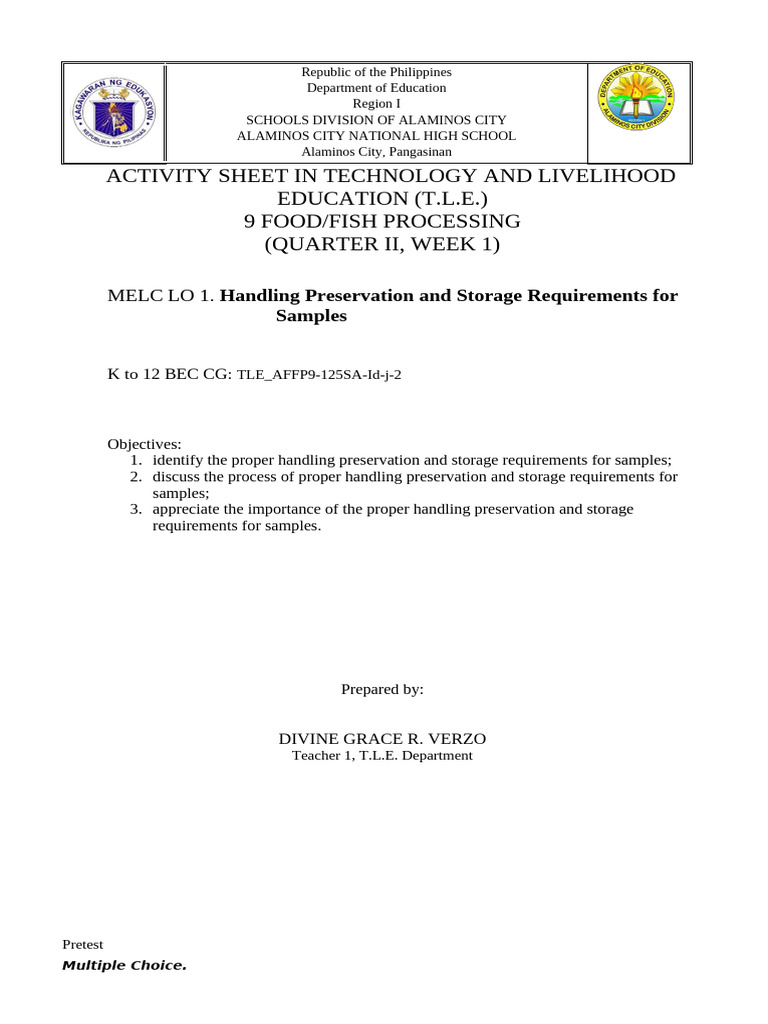Activity Sheets For TLE 9 Week 1 | PDF | Refrigeration | Laboratories