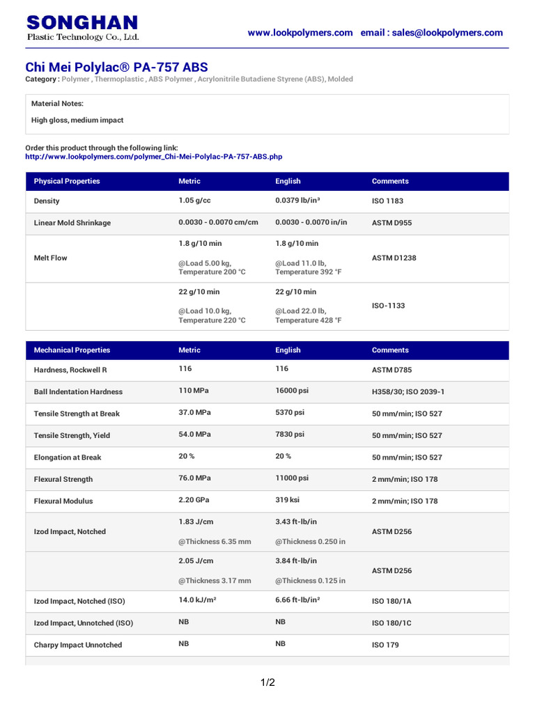 Chi Mei Polylac PA 757 ABS | PDF | Polymers | Building Materials