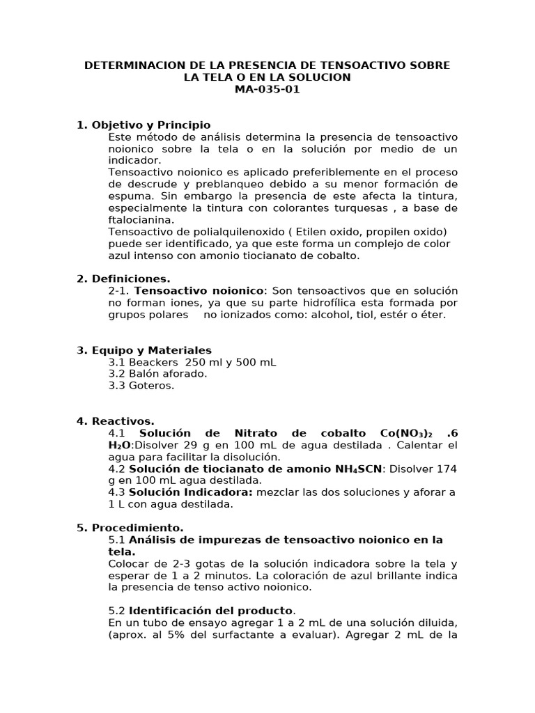 Detección de Tensoactivos en Tela | PDF