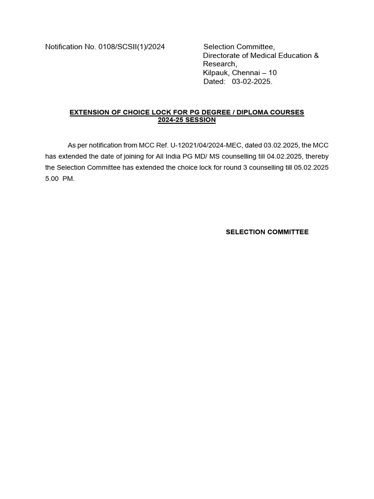 PG Degree Choice Lock Extension Notice | PDF