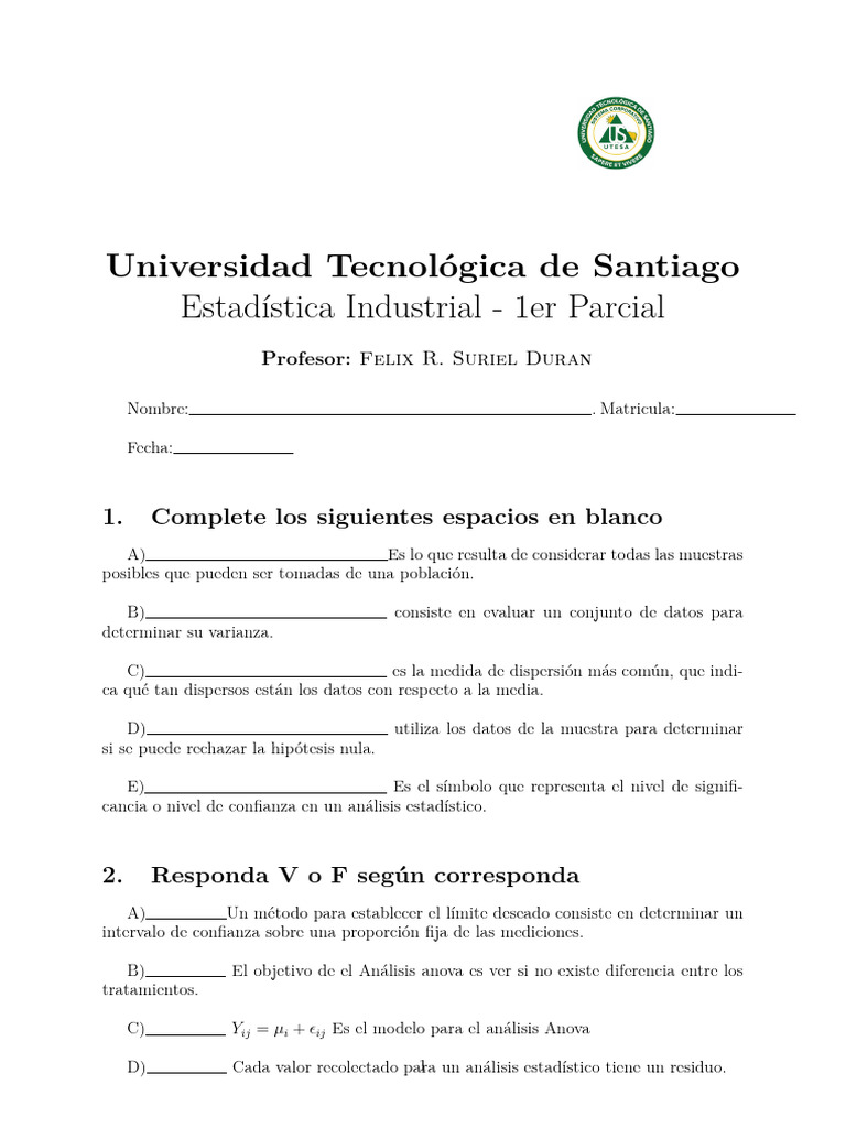 Ex Menes de Estad Stica Ind Parcial 1 | PDF | Desviación Estándar | Análisis de variación