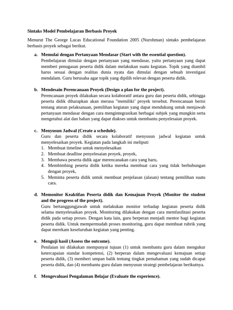 Sintaks Pembelajaran Berbasis Proyek | PDF