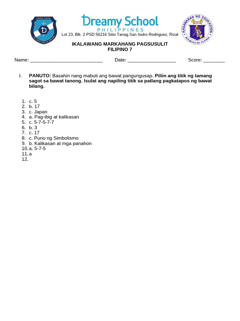 Answer Key 2nd Quarter Grade 9 Filipino Exam Paper | PDF