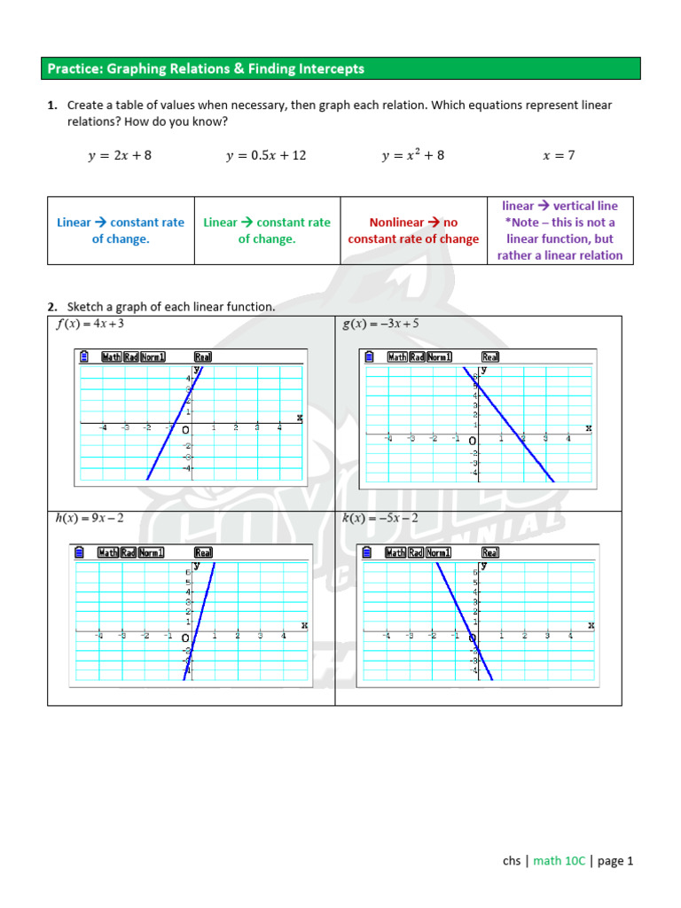 Graphing Relations & Finding Intercepts (Practice Solutions) | PDF | Mathematical Objects ...