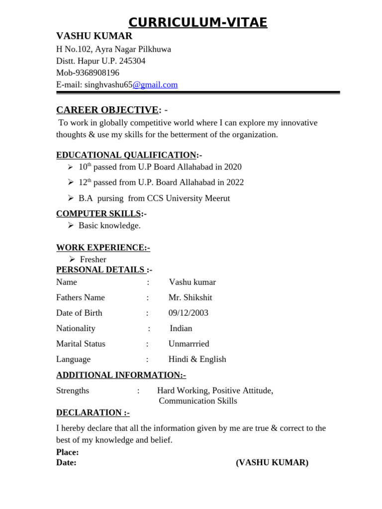 Curriculum-Vitae: Vashu Kumar | PDF