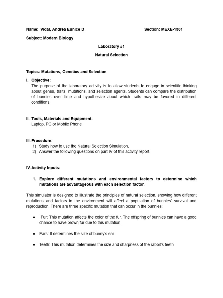 Natural Selection Laboratory | PDF | Natural Selection | Mutation