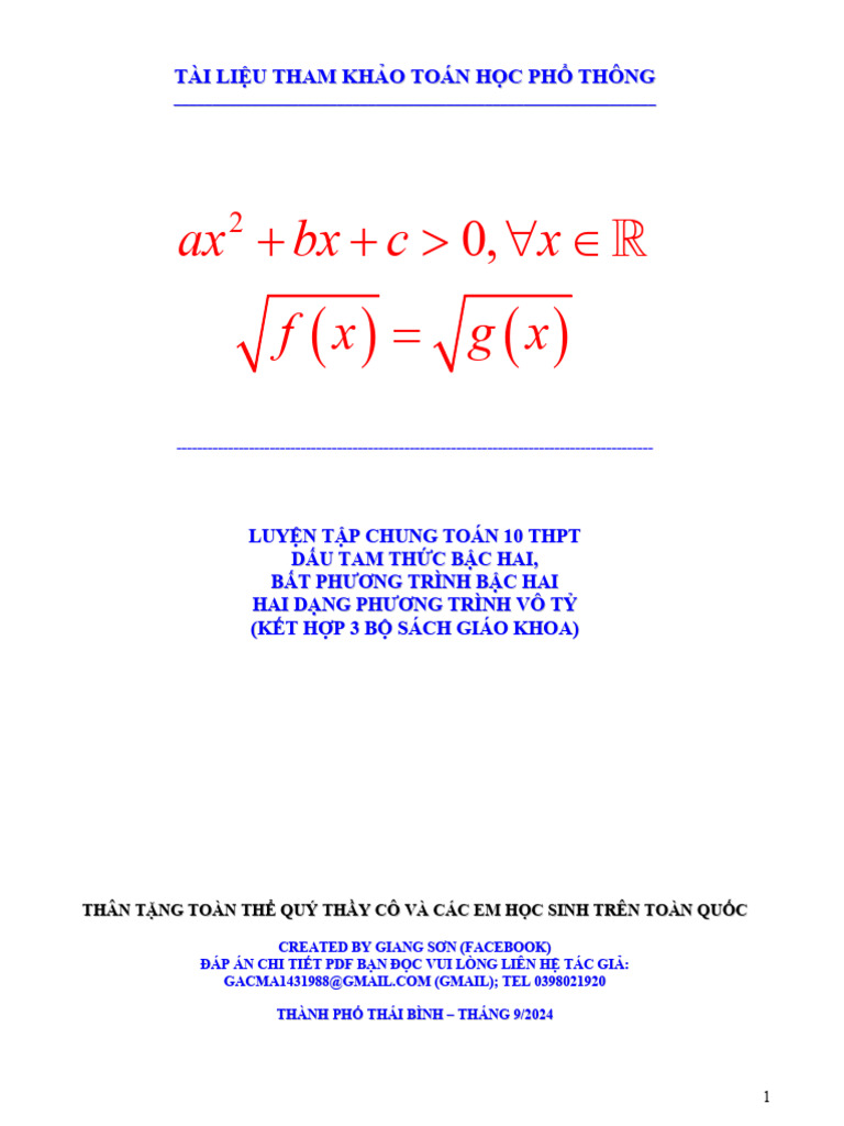 Luyen Tap Chung Dau Tam Thuc Bac Hai Bat Phuong Trinh Bac Hai Phuong Trinh Vo Ty | PDF