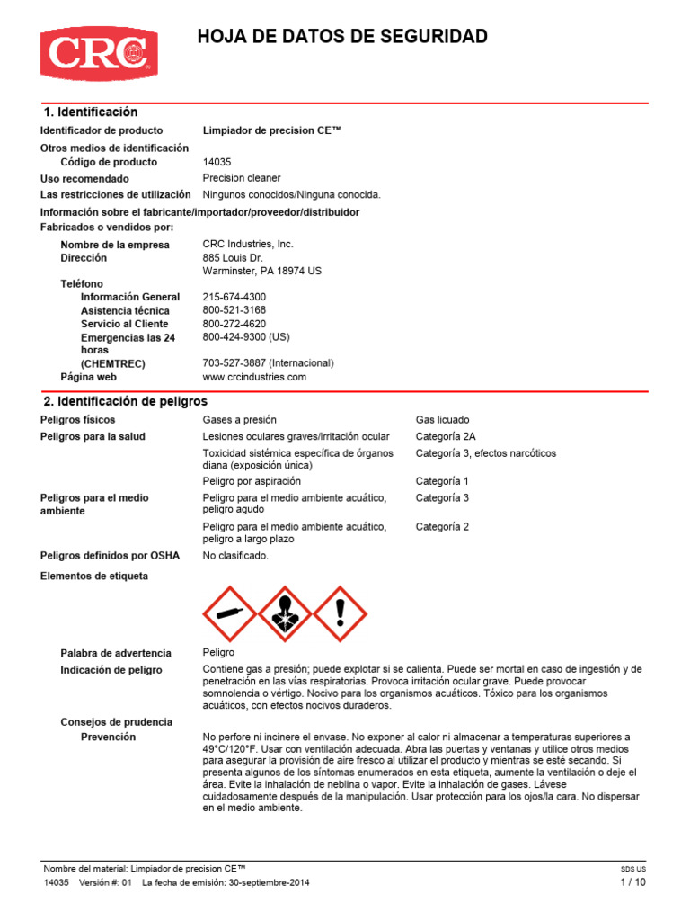 CRC CE Precision Cleaner Msds Esp | PDF | Agua | Ventilación (Arquitectura)