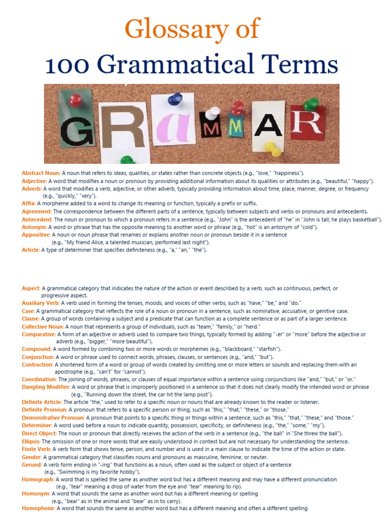 A Glossary of 100 Grammatical Terms | PDF | Verb | Word