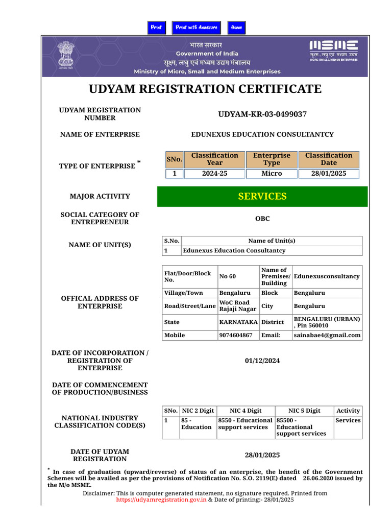 Print - Udyam Registration Certificate | PDF