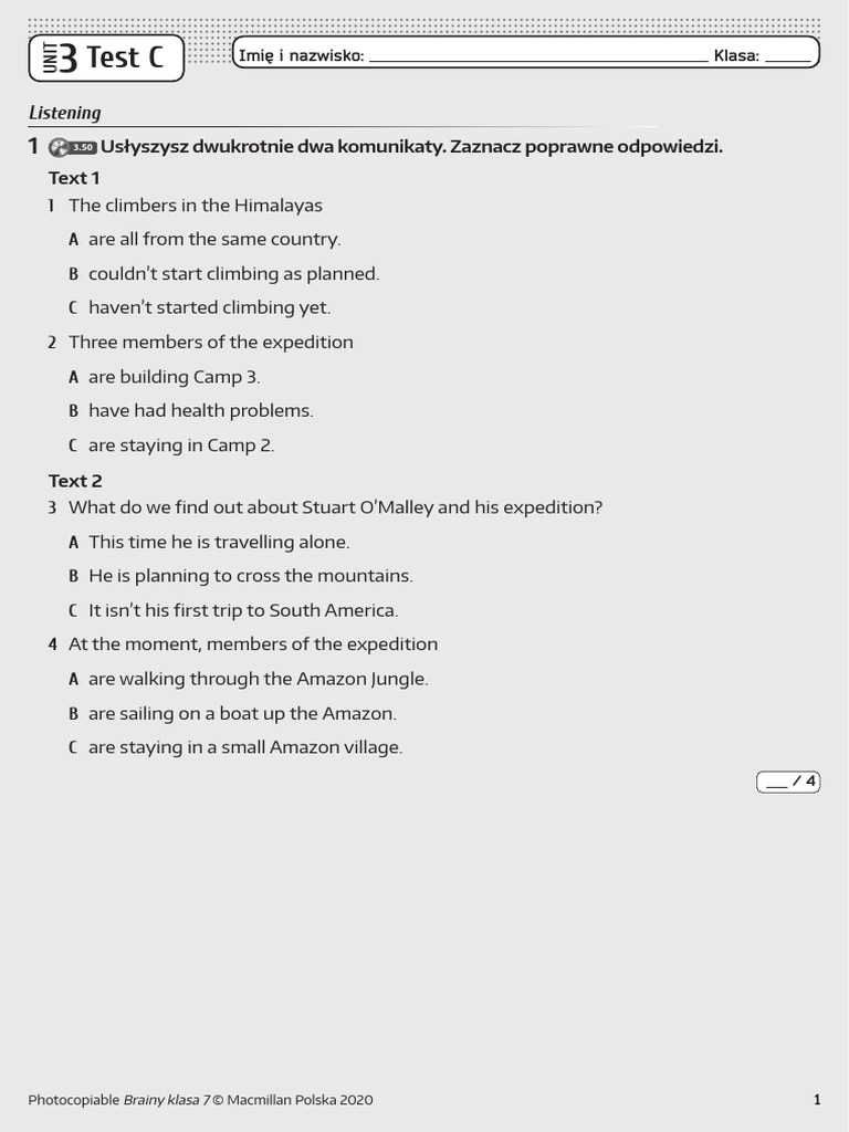 Brainy 7 Unit 3 Test C | PDF