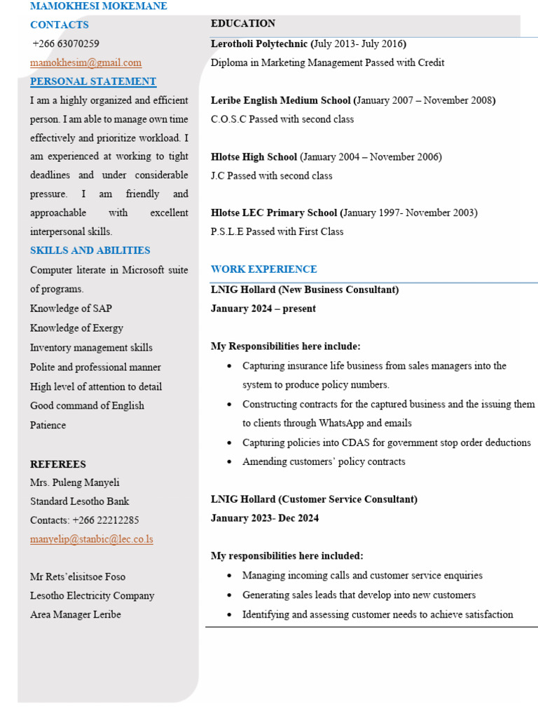 CV of Mamokhesi Mokemane | PDF | Information | Databases