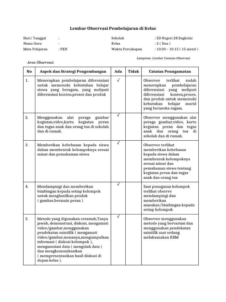 2 - Lembar Observasi Pembelajaran Di Kelas | PDF