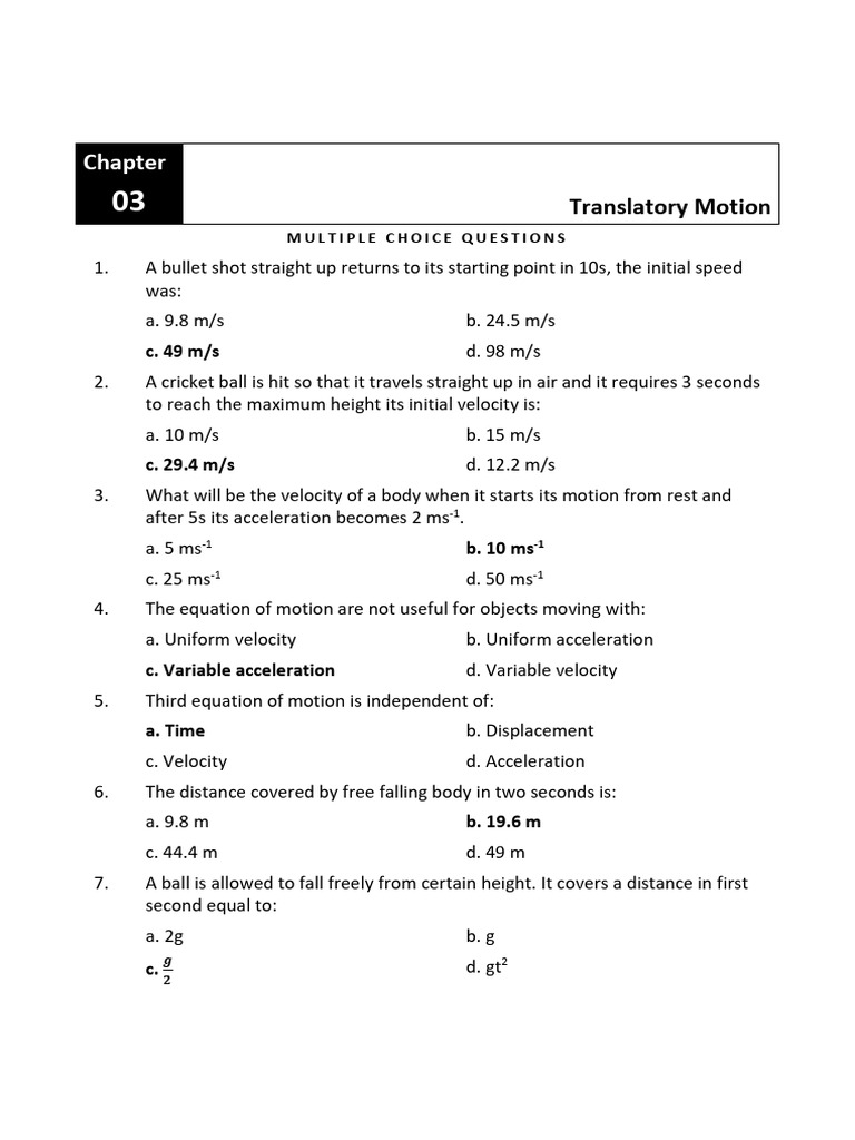 Ch-03: Translatory Motion - MCQs - PDF | PDF | Force | Acceleration
