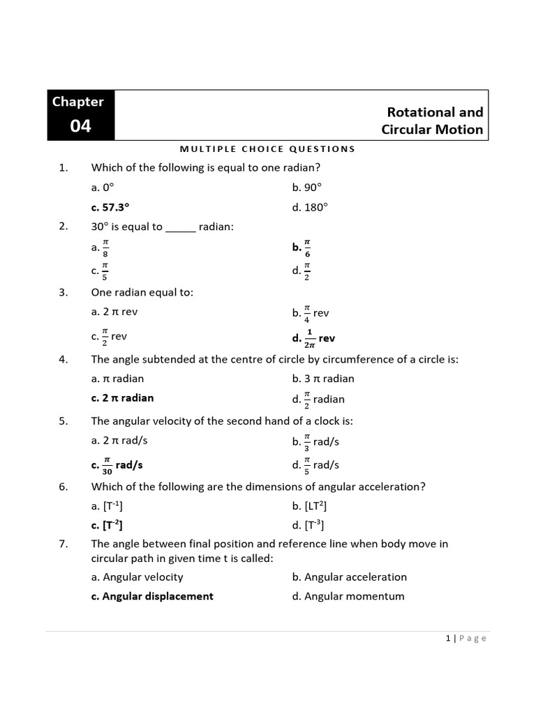Ch-04: Rotational and Circular Motion - MCQs - PDF | PDF | Acceleration ...