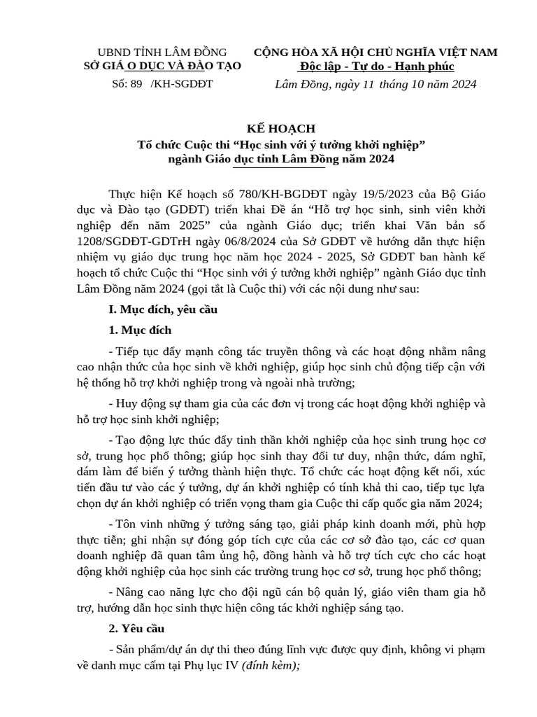 SGD - Ke Hoach To Chuc Cuoc Thi Khoi Nghiep Nam 2024 | PDF