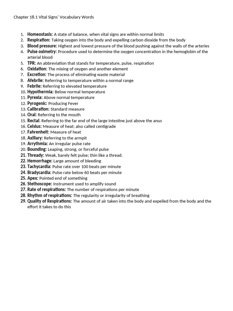 Chapter 18 Vital Signs' Vocabulary Words | PDF