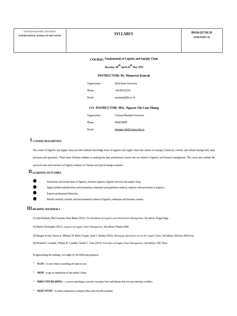 Syllabus GMA63 N02 - Fundamental of Logistics and SCM | PDF | Logistics | Supply Chain