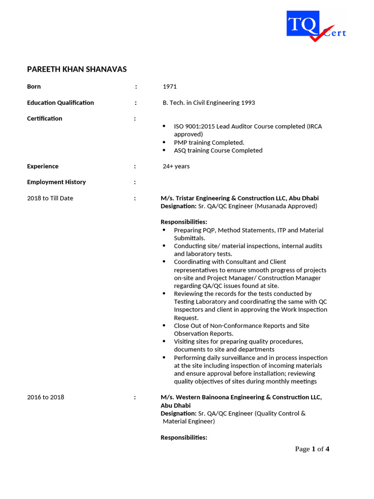 TQ Cert PAREETH KHAN SHANAVAS 27 Dec' 2024 | PDF | Concrete | Dubai