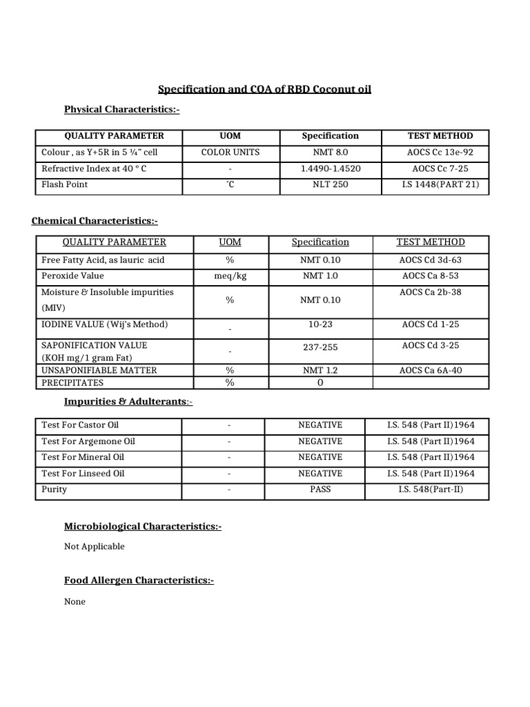 Specification & COA of RBD Coconut Oil | PDF | Chemical Substances | Chemistry