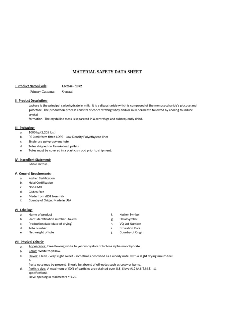 Lactose MSDS | PDF | Milk