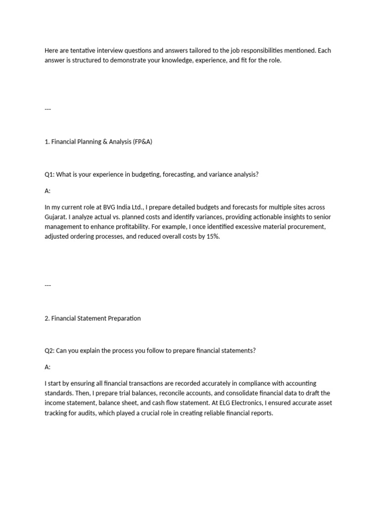 Budgeting Role Interview Que | PDF | Budget | Cash Flow Statement