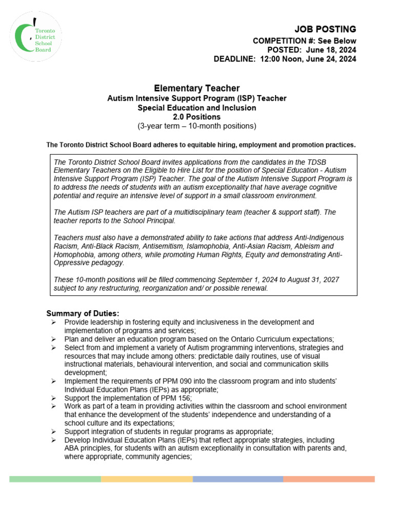 24-0008LTC-11 - Teacher, Autism Intensive Support Program (ISP) - Final | PDF | Special ...