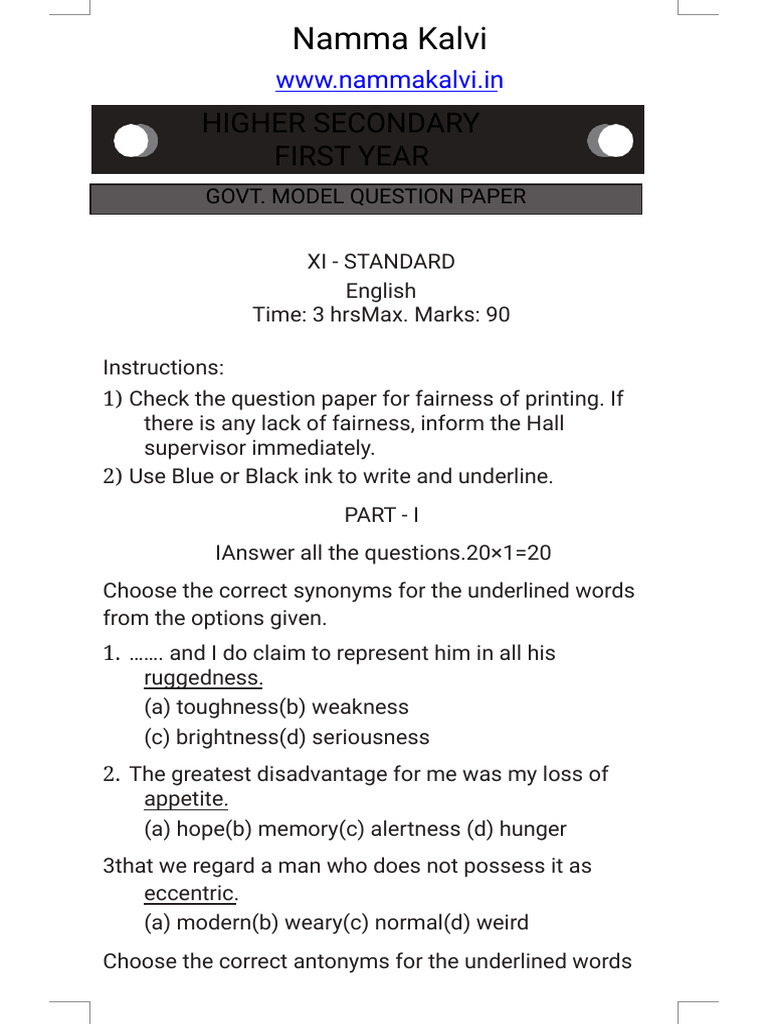 XI English Model Question Paper | PDF